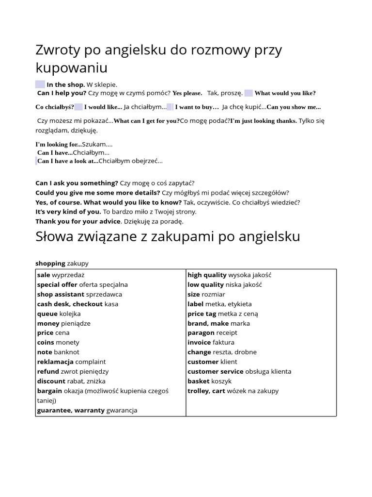 In The Shop Rozmowki | PDF