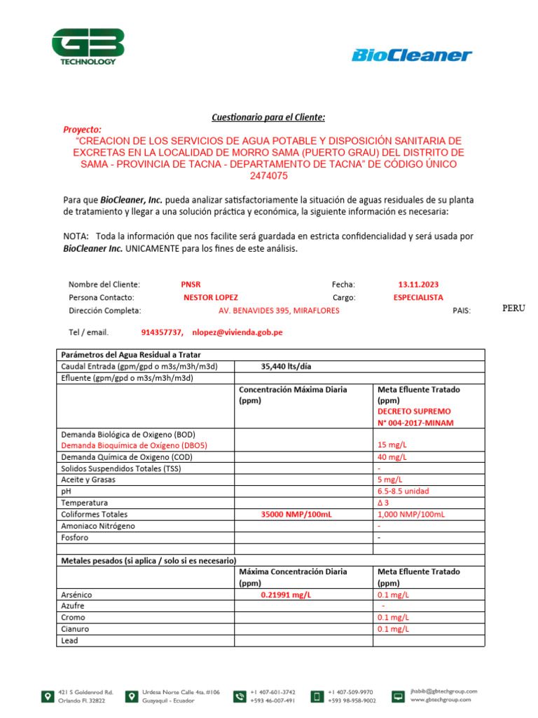 CUESTIONARIO BioCleaner 2023, PI MORRO SAMA | PDF | Aguas residuales | Agua