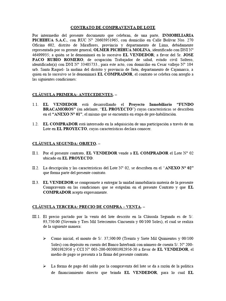 Contrato LOTE NRO 02 - Jose Rubio - Final | PDF | Pagos | Derecho civil ...