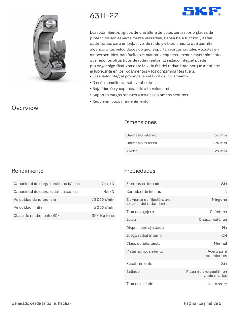 SKF 6311-2Z Specification | PDF