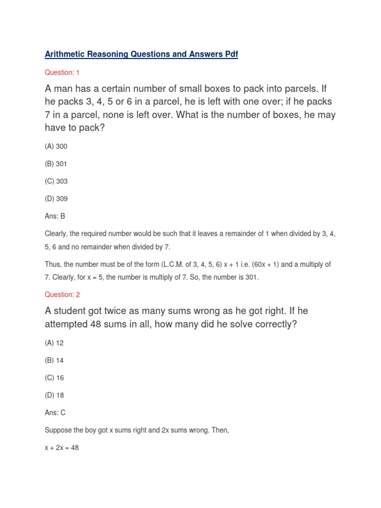 Arithmetic Reasoning Questions Answers | PDF