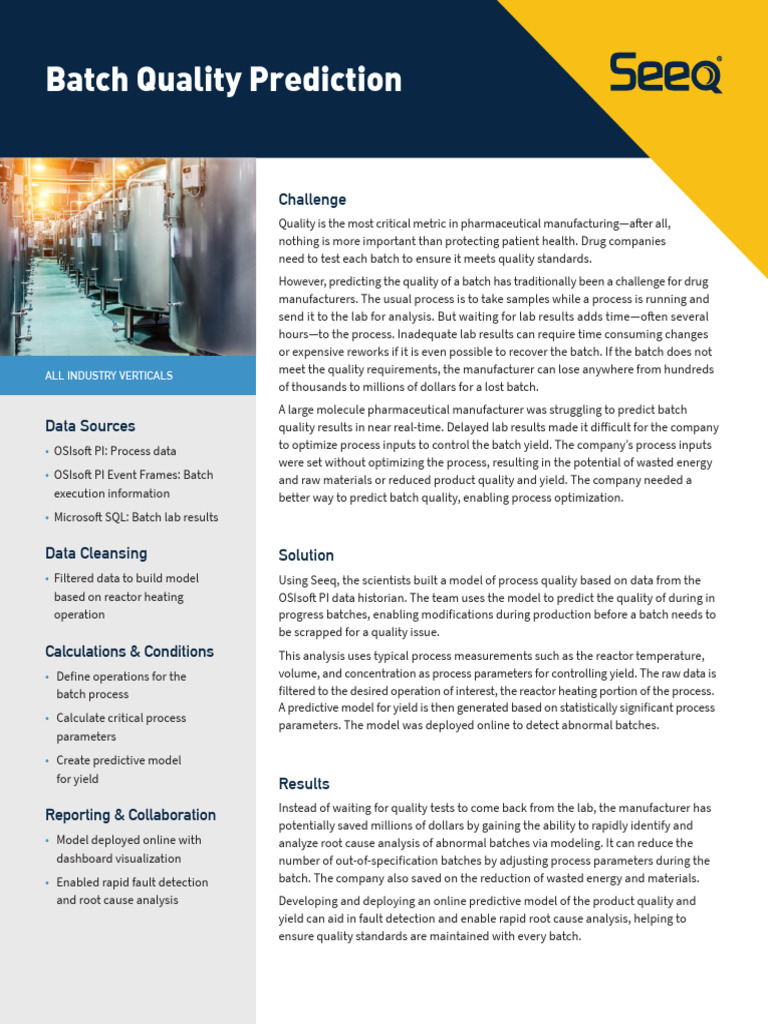 Seeq UseCase Batch Quality Prediction | PDF | Chemical Reactor | Physical Sciences