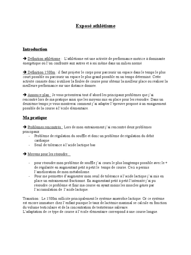 Exemple Exposé EPS 1 - 1500 M | Éducation physique | Athlétisme