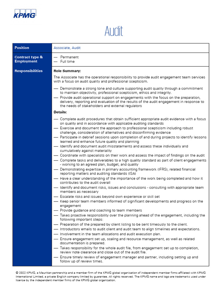 KPMG Audit Associate Job Description | PDF | Audit | Business