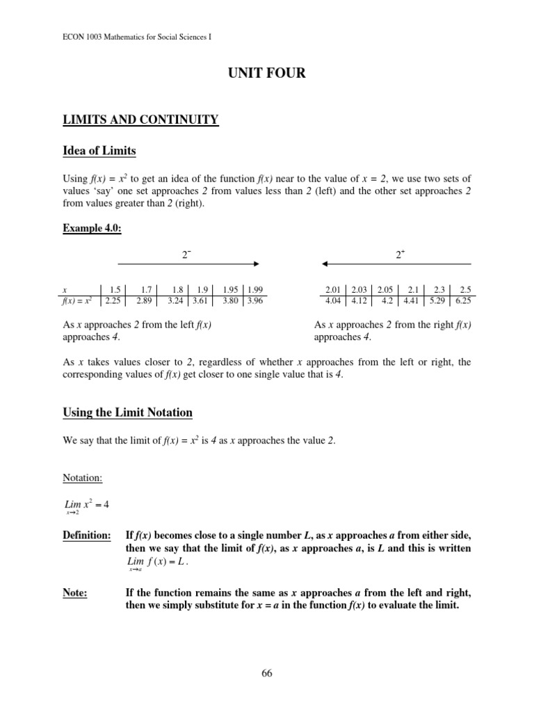 Unit Four Limits And Continuity Pdf Function Mathematics Limit Mathematics