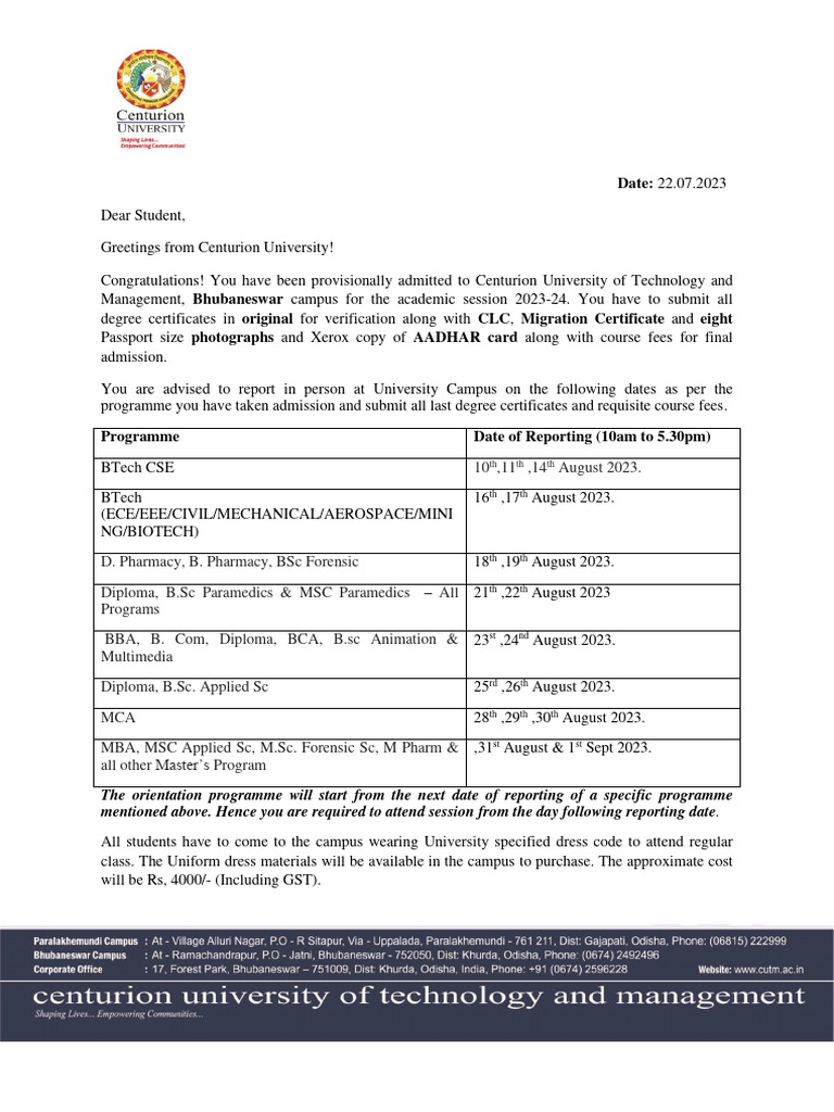 Reporting Letter - CUTM-BBSR-23-24 | PDF | Academic Degree | Qualifications