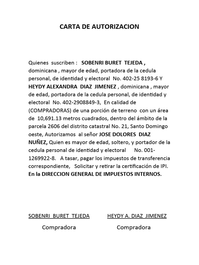 Carta de Autorizacion Sobenri Buret y Eydy Alexandra | PDF
