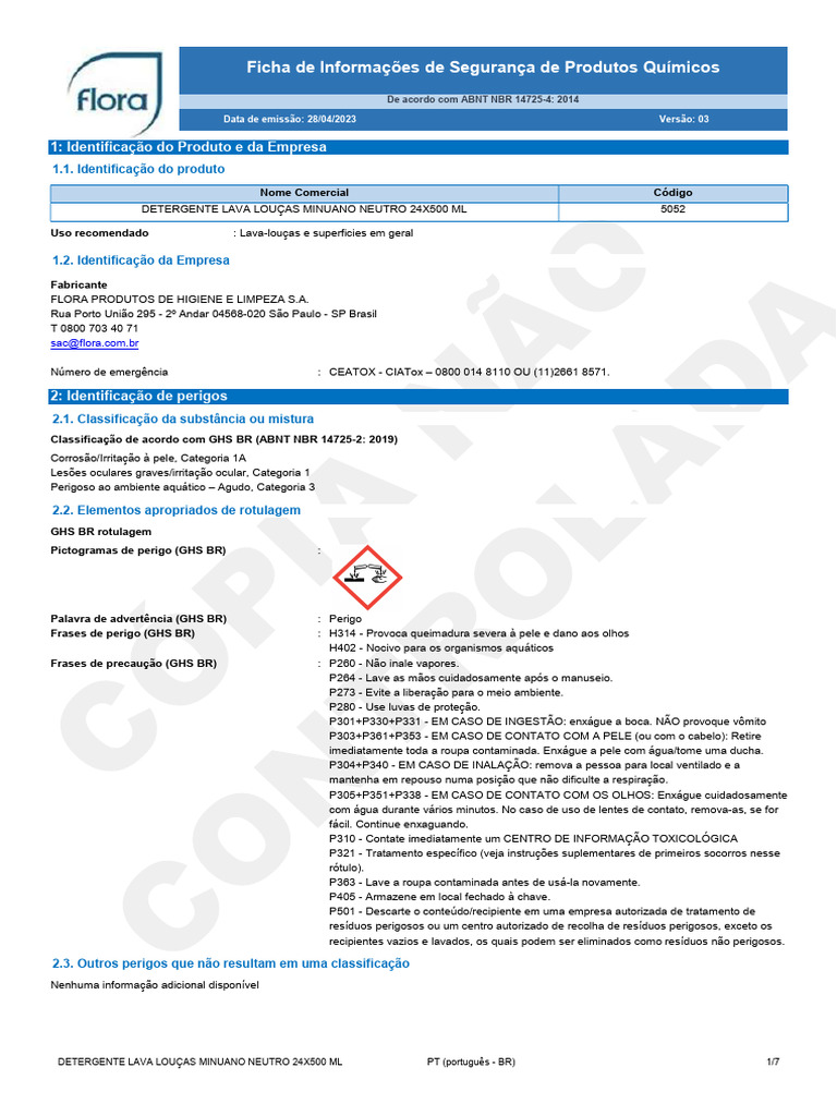 Fispq - 03 - 5052 - Detergente Lava Loucas Minuano Neutro 24X500 ML | PDF | Queimadura | Magnésio