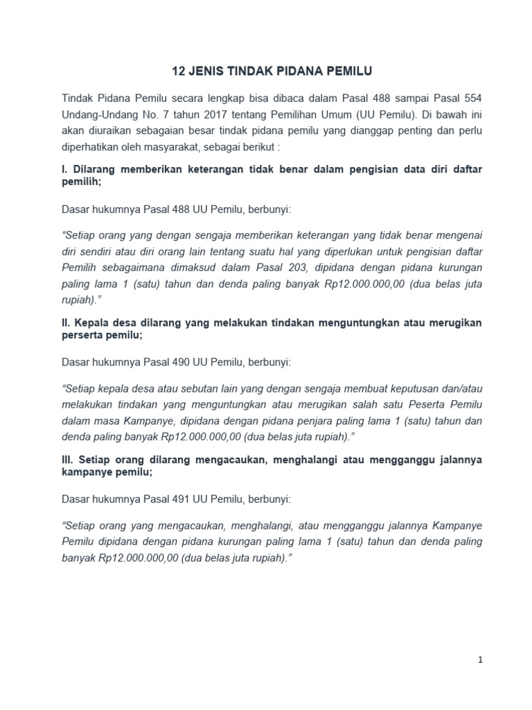 12 Jenis Tindak Pidana Pemilu | PDF