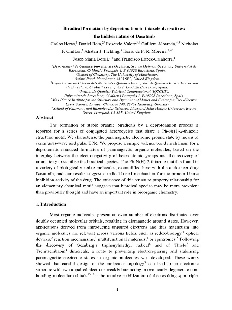 Biradical Formation by Deprotonation in Thiazole Derivatives The Hidden ... Biradical Formation by Deprotonation in Thiazole Derivatives The Hidden ...