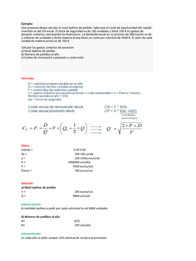 Cálculo de Inventarios y Pedidos Óptimos | PDF | Economía Financiera ...