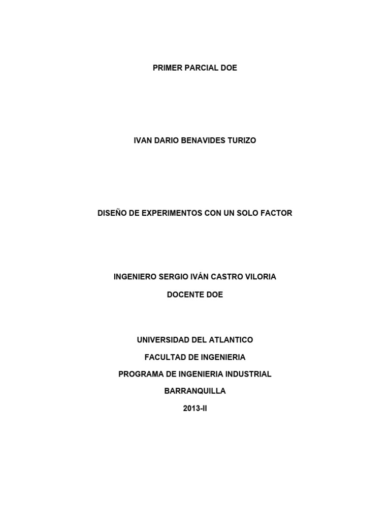 1 Parcial DOE Ivan Benavides | PDF | Valor P | Análisis de variación