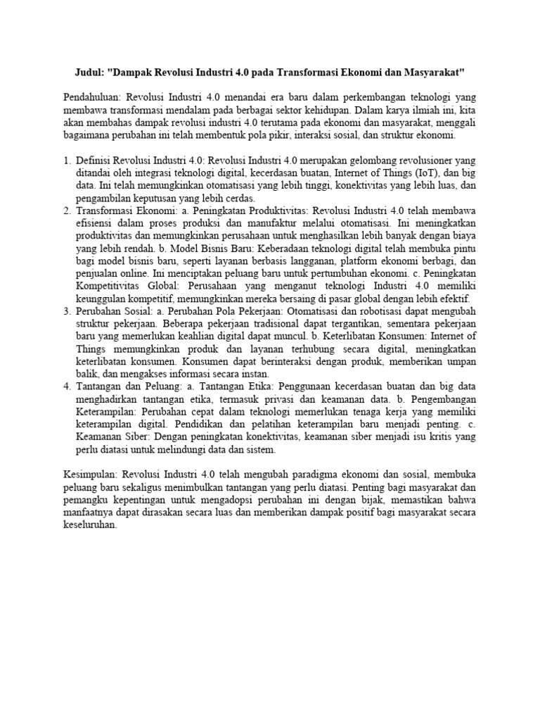 Dampak Revolusi Industri 4.0 Pada Transformasi Ekonomi Dan Masyarakat | PDF