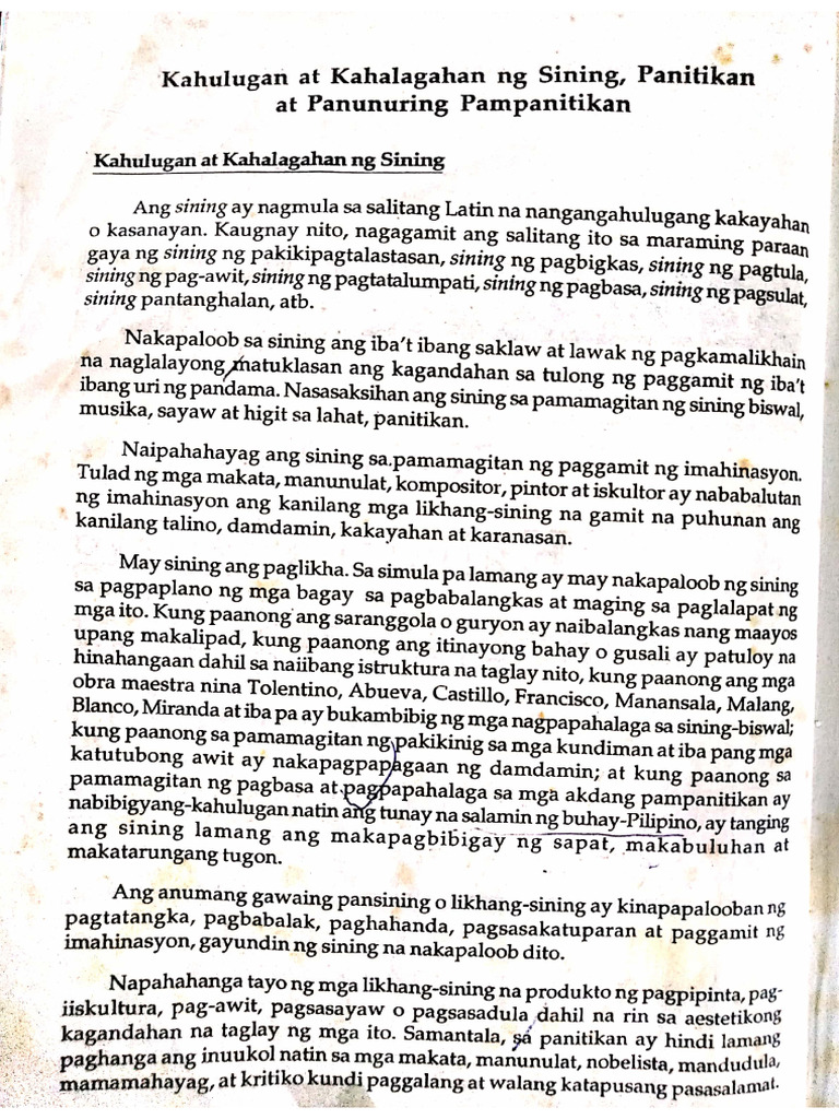 Kahulugan at Kahalagahan NG Sining, Panitikan at Panunuring ...
