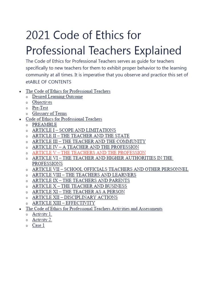 2021 Code of Ethics For Professional Teachers | PDF | Teachers | Learning