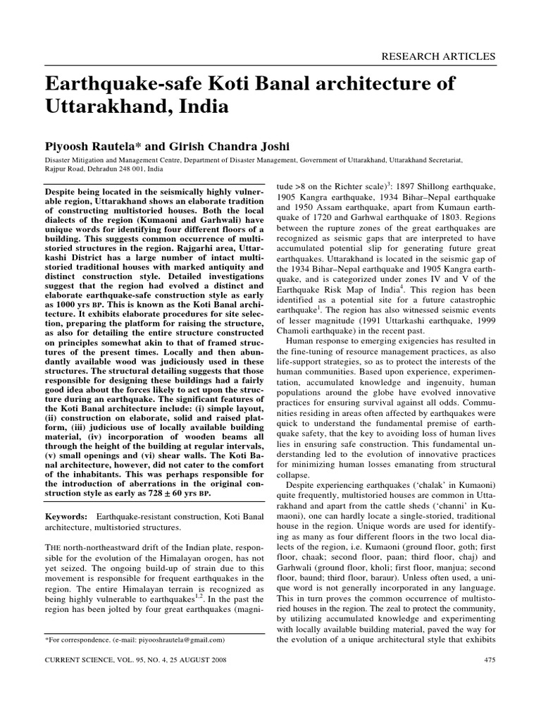 Earthquake Safe Koti Banal Architecture | PDF | Earthquakes | Force