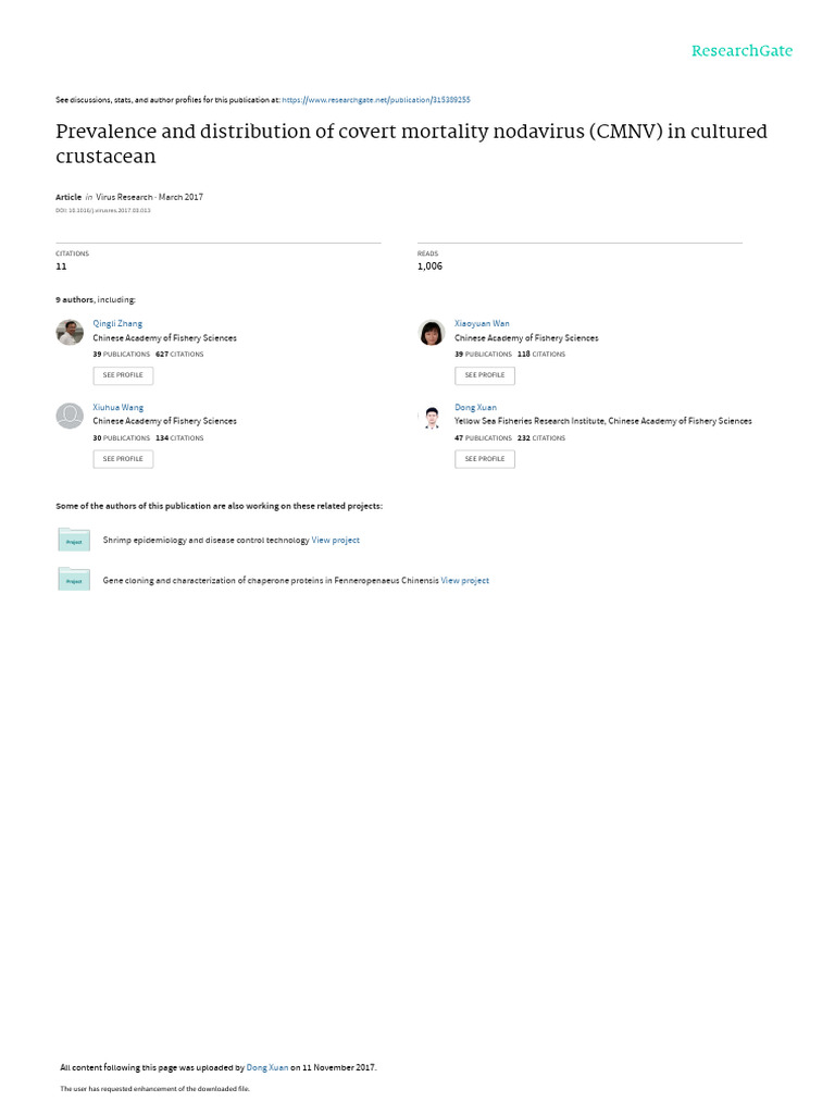 Prevalence and Distribution of Covert Mortality Nodavirus (CMNV) in Cultured Crustacean | PDF ...