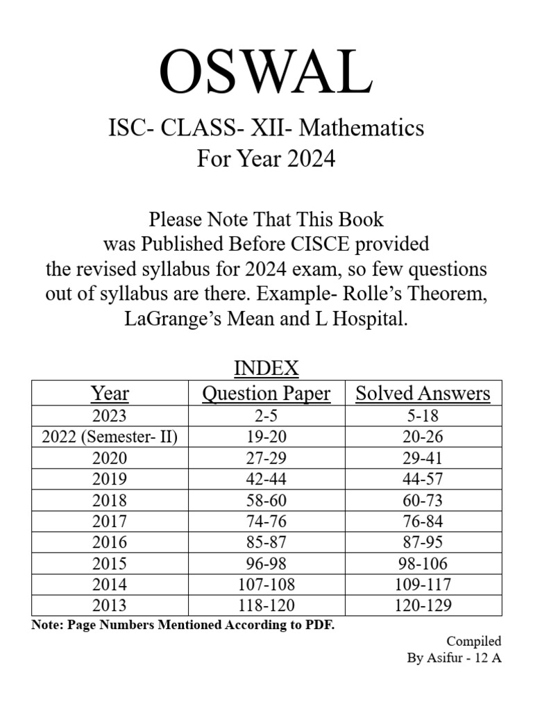 Isc Mathematics Solved Year Papers - For 2024 Exam - Oswal Publications ...