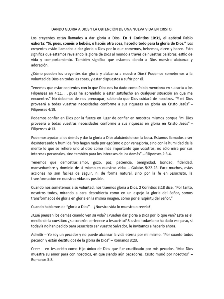 Dando Gloria A Dios y La Obtención de Una Nueva Vida en Cristo ...