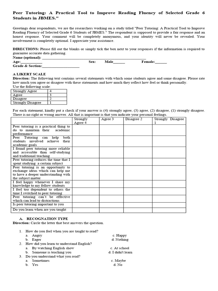 Peer Tutoring Survey Questionnaire Pdf Behavior Modification Cognitive Science