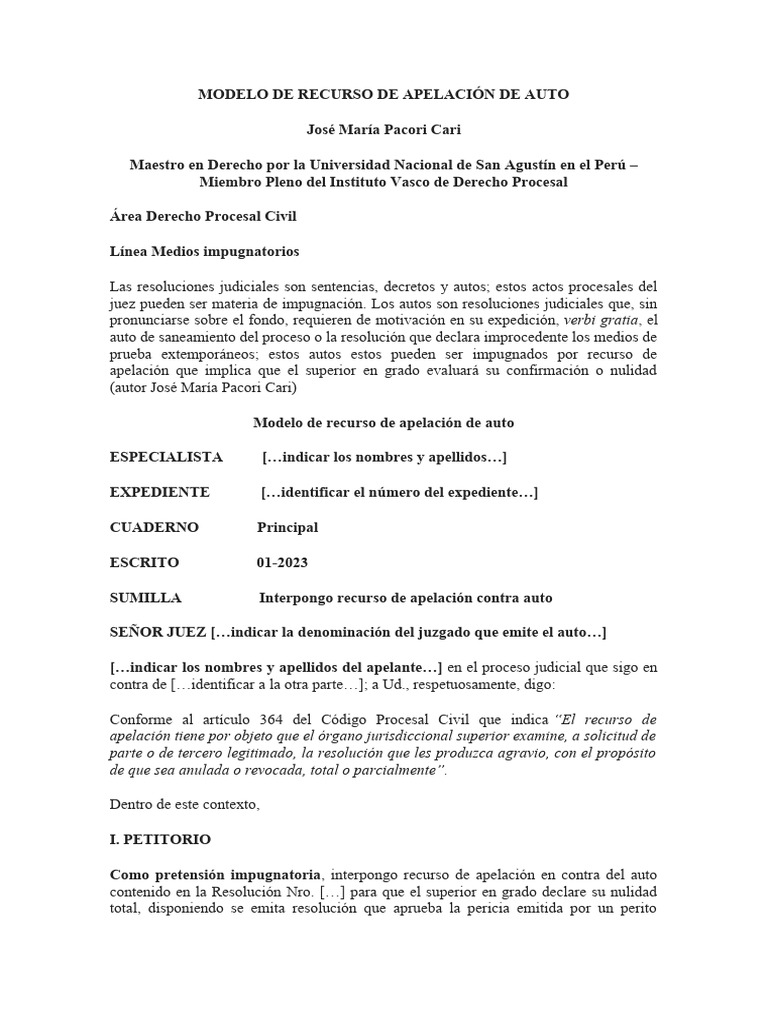 Modelo de Recurso de Apelación de Auto | PDF | Apelación | Ley procesal