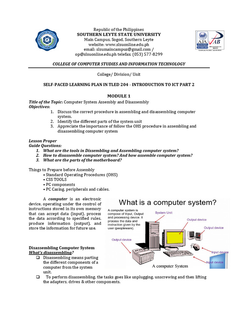 Module 1 Assemble And Disassemble Computer System Pdf Personal Computers Electronics