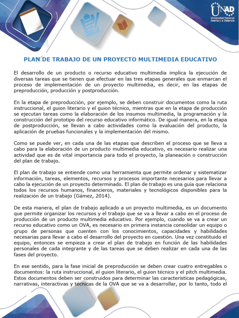 Plan de Trabajo de Un Proyecto Multimedia Educativo | PDF | Multimedia ...