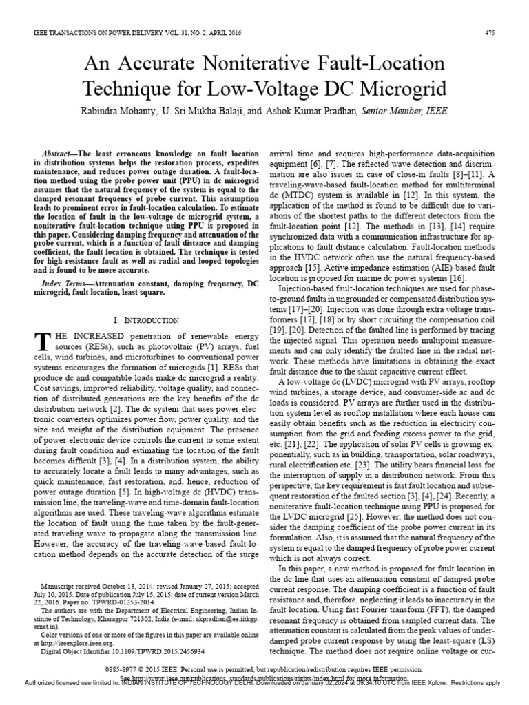 An Accurate Noniterative Fault-Location Technique For Low-Voltage DC Microgrid | PDF | Capacitor ...
