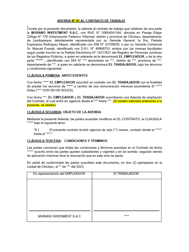 FORMATO MODELO - Adenda Al Contrato de Trabajo | PDF