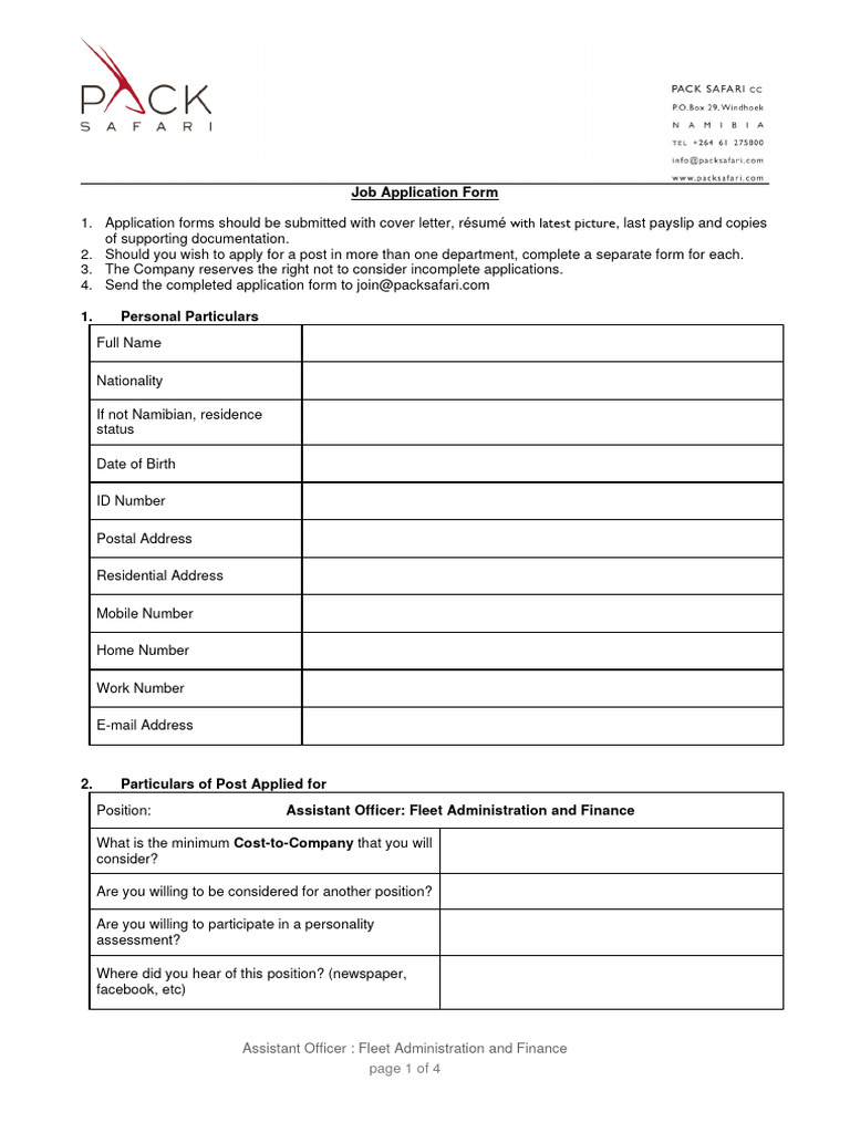 JOB APPLICATION - Assistant Officer Fleet Administration and Finance | PDF