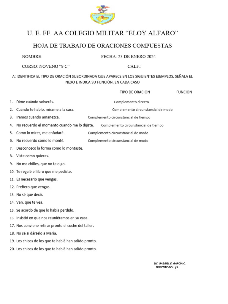 Hoja De Trabajo Sobre Tipos De Oraciones Con Respuestas