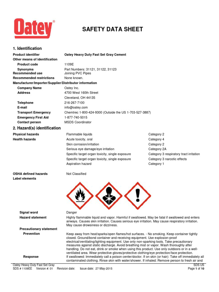 Oatey Fast Set Gray Cement SDS Guide | PDF | Personal Protective ...