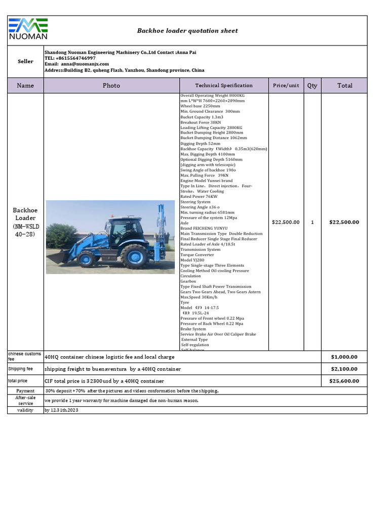 Backhoe Loader Quotation Sheet | PDF | Loader (Equipment) | Axle