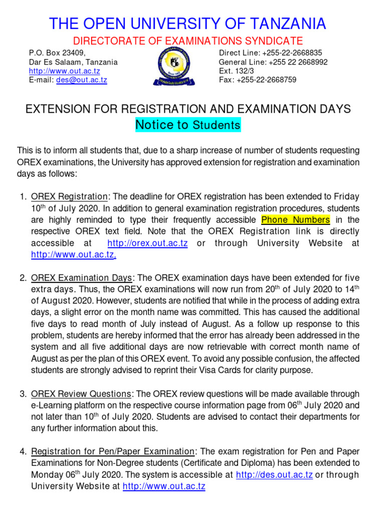 Examination Registration Notice For Extension | PDF