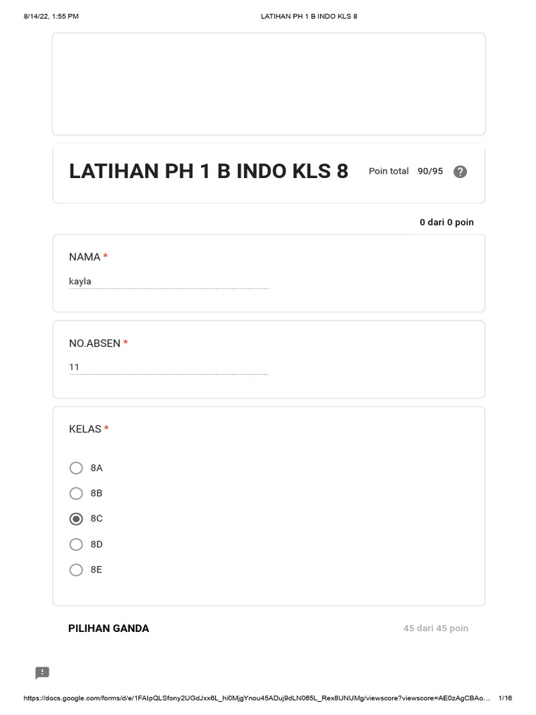 Latihan PH 1 B Indo KLS 8 | PDF