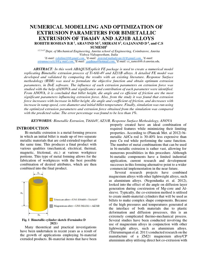 NUMERICAL MODELLING AND OPTIMIZATION OF EXTRUSION PARAMETERS FOR BIMETALLIC EXTRUSION OF Ti6Al4V ...