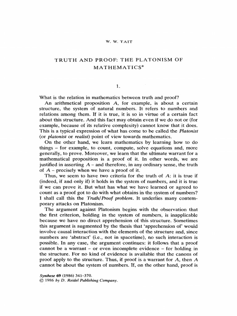 Truth and Proof, The Platonism of Mathematics - William W. Tait | PDF ...