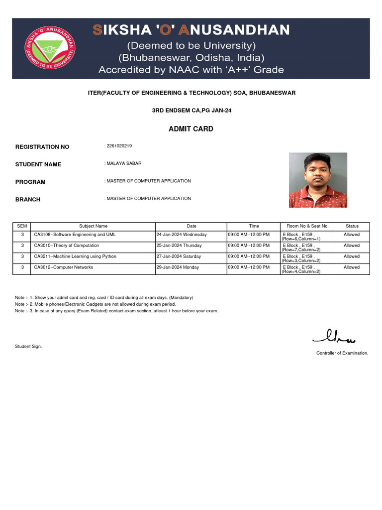 MCA Exam Admit Card Details | PDF