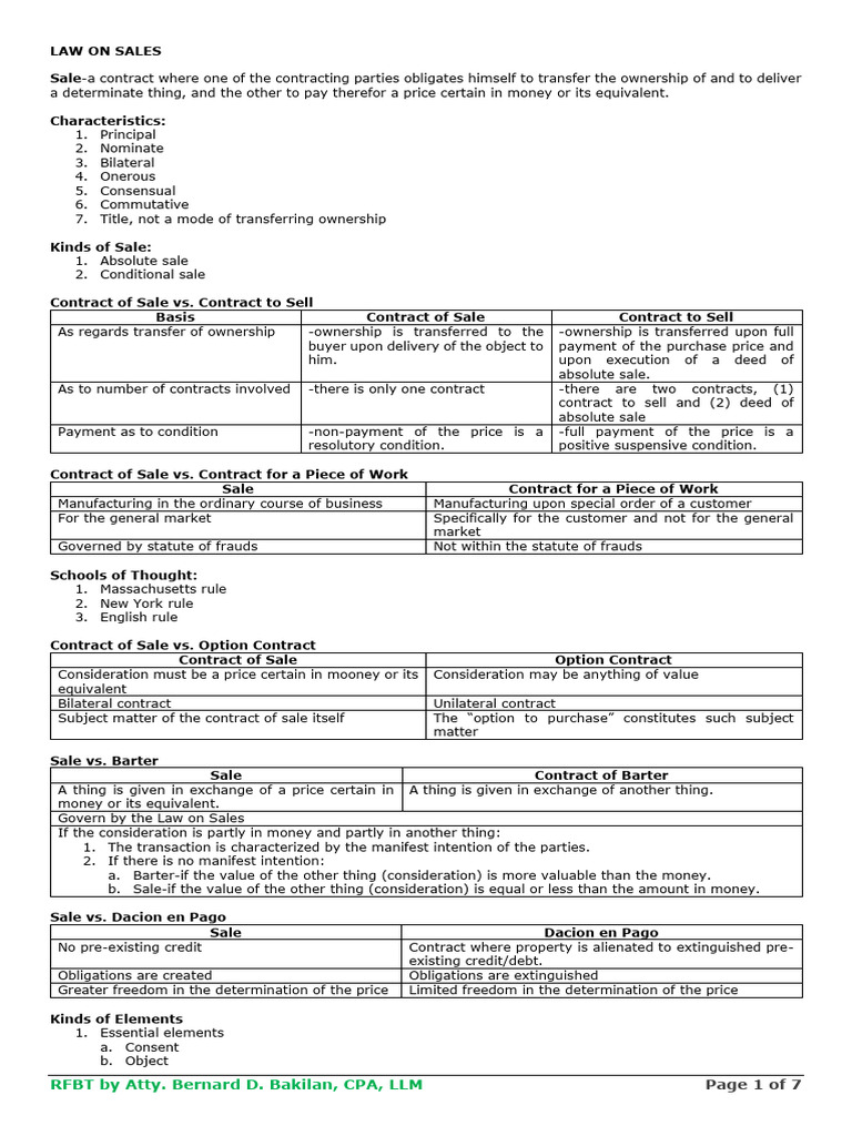Law on Sales: Key Concepts and Types | PDF | Breach Of Contract | Prices