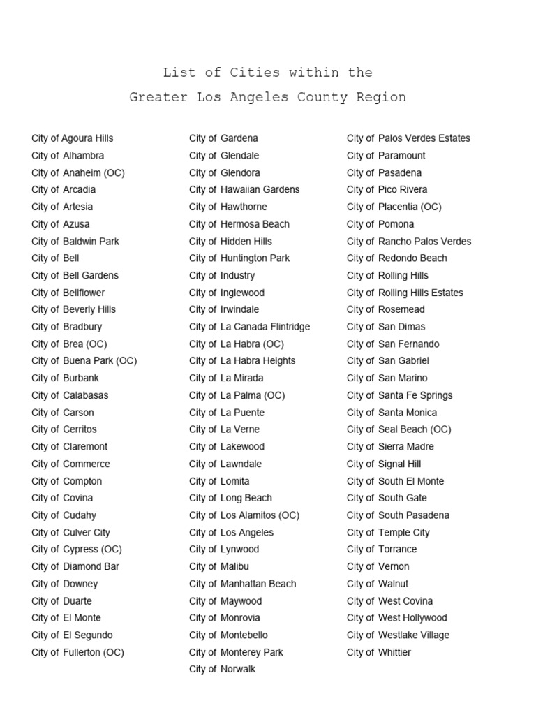 Cities in Greater Los Angeles County | PDF | Los Angeles County ...