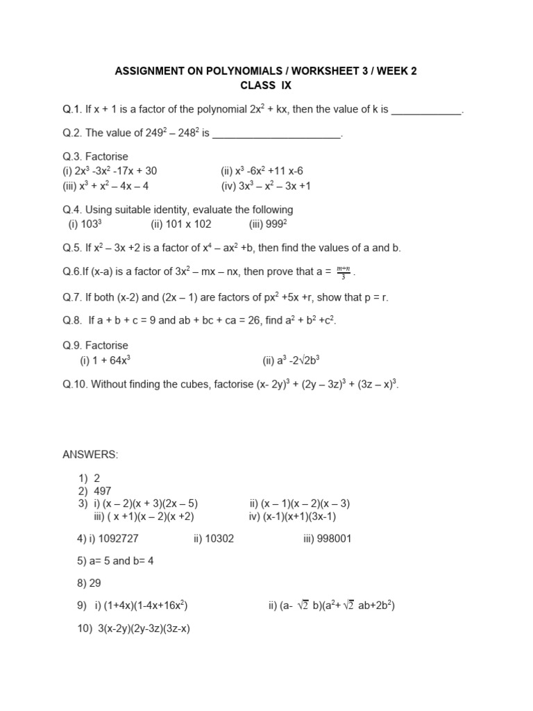 Assignment - 3 - On - Polynomials - Class - 9 - 1586523673054 3 | PDF