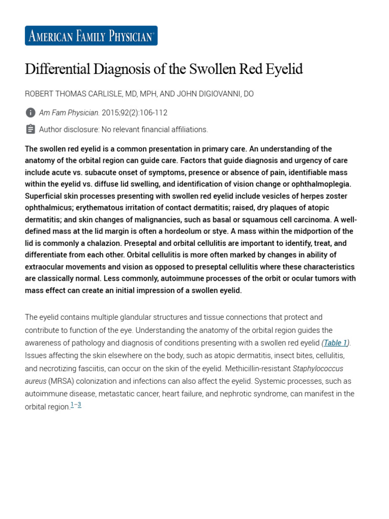 Differential Diagnosis Of The Swollen Red Eyelid Aafp Pdf Medical