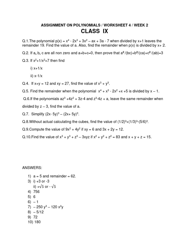Class 9 Polynomial Assignment Week 2 | PDF