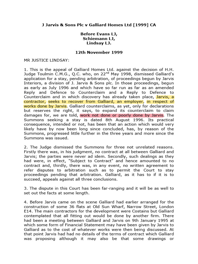 J Jarvis Sons PLC V Galliard Homes LTD 1999 | PDF | Arbitration | Legal ...