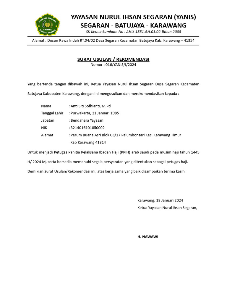 Contoh Surat Rekom Yayasan | PDF