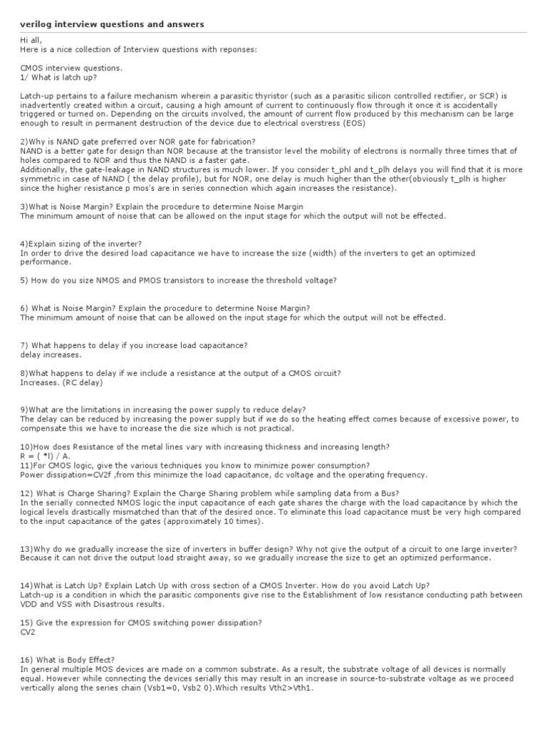 Verilog Interview Questions And Answers Pdf Mosfet Cmos