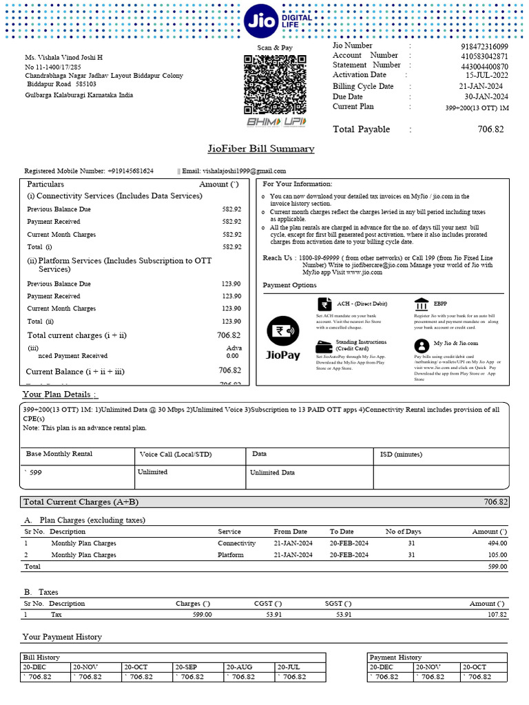 Jiofiber Bill: Total Payable: 706.82 | PDF | Payments | Credit Card