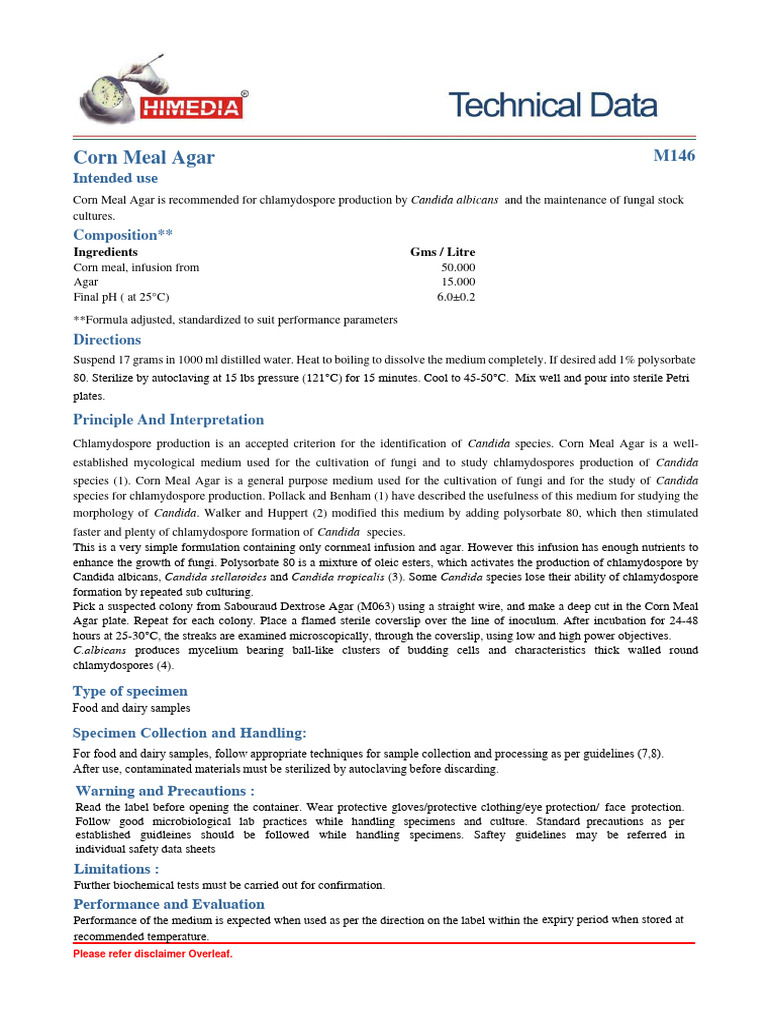 Corn Meal Agar: Intended Use | PDF | Agar | Microbiology