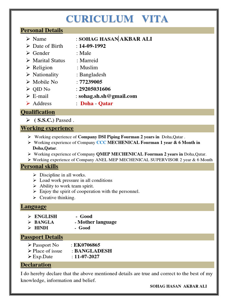 Sohag Hasan Akbar Ali CV - Mechanical Supervisor | PDF