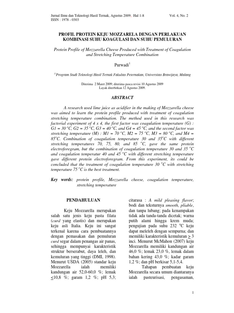Profil Protein Keju Mozzarela Dengan Perlakuan Kombinasi Suhu Koagulasi ...